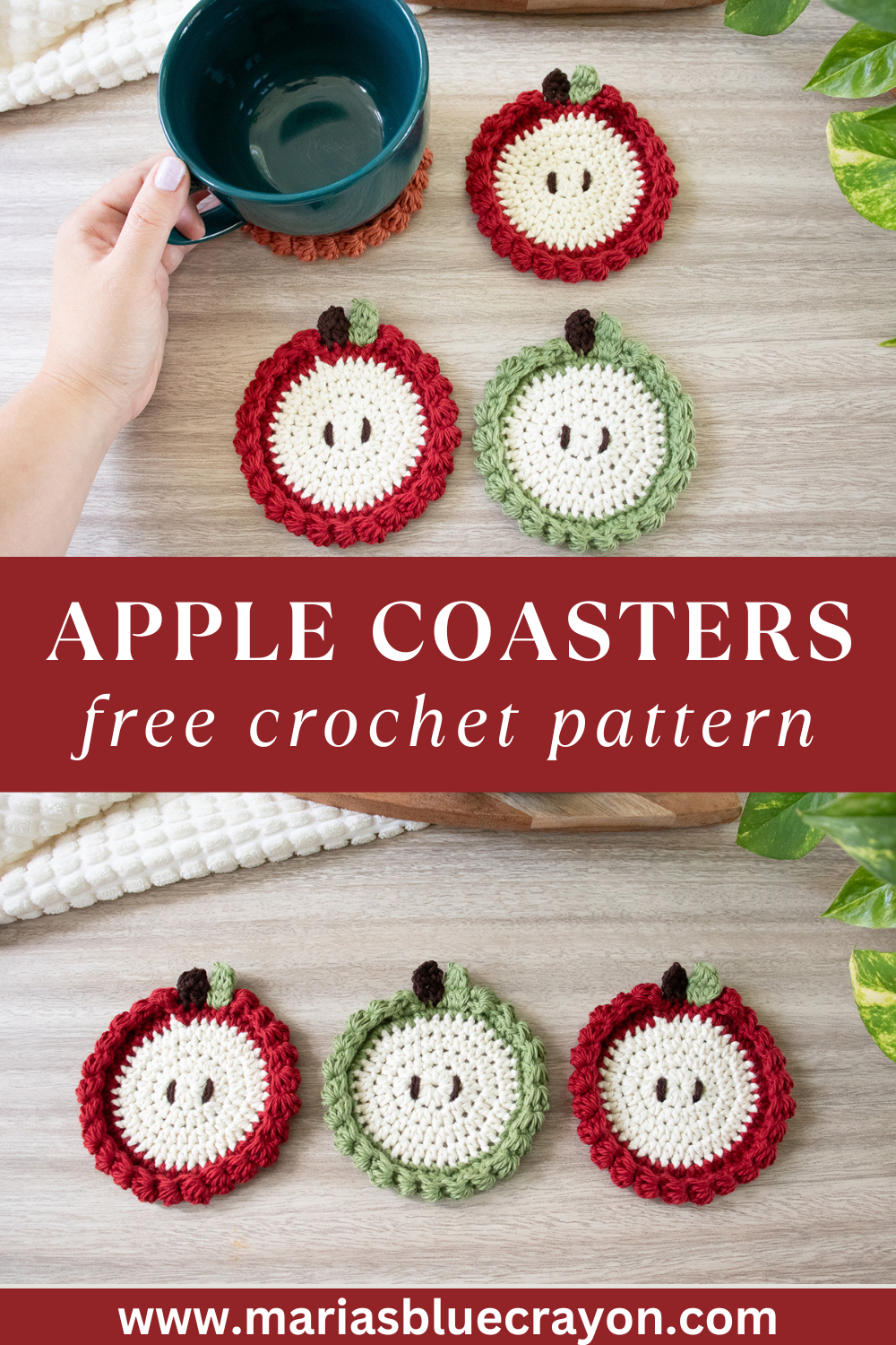 How To Crochet An Apple Coaster - Free Pattern - Maria's Blue Crayon